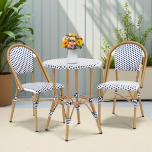 3 Piece Patio Bistro Set , French Wicker Outdoor Bistro Set with Round Table and 2 Dining Chairs , ‎Aluminum Wicker Furniture, All Weather Outdoor Patio Conversation Set for Garden Balcony Cafes Yard