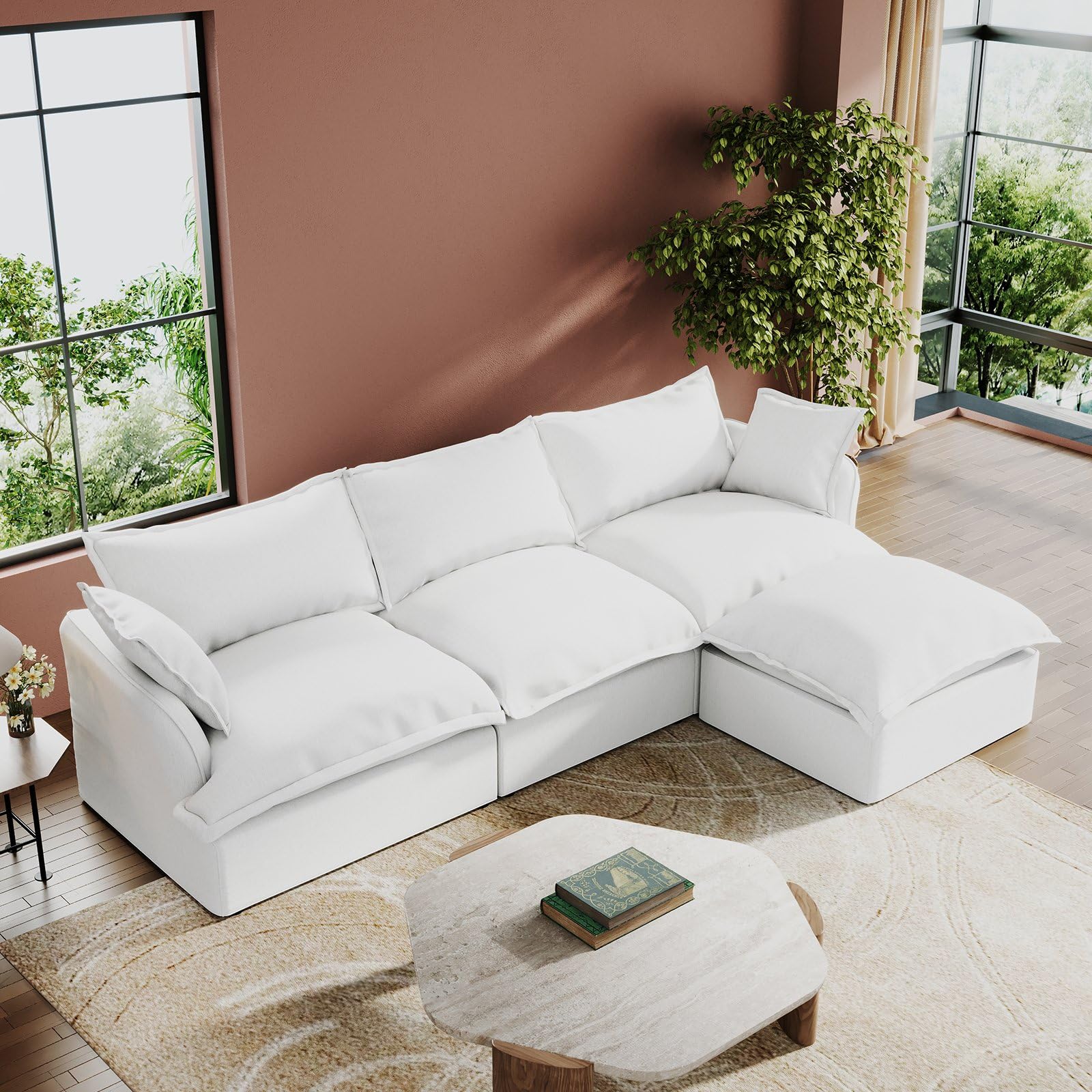 Intuition Decor Modular Convertible Cloud Sectional Sofa,110.4" Large Sofa Set for Living Room,4 Seat L-Shaped Modern Down Fill Sectional Sofa Fabric Modular Couch with Chaise,Cream White