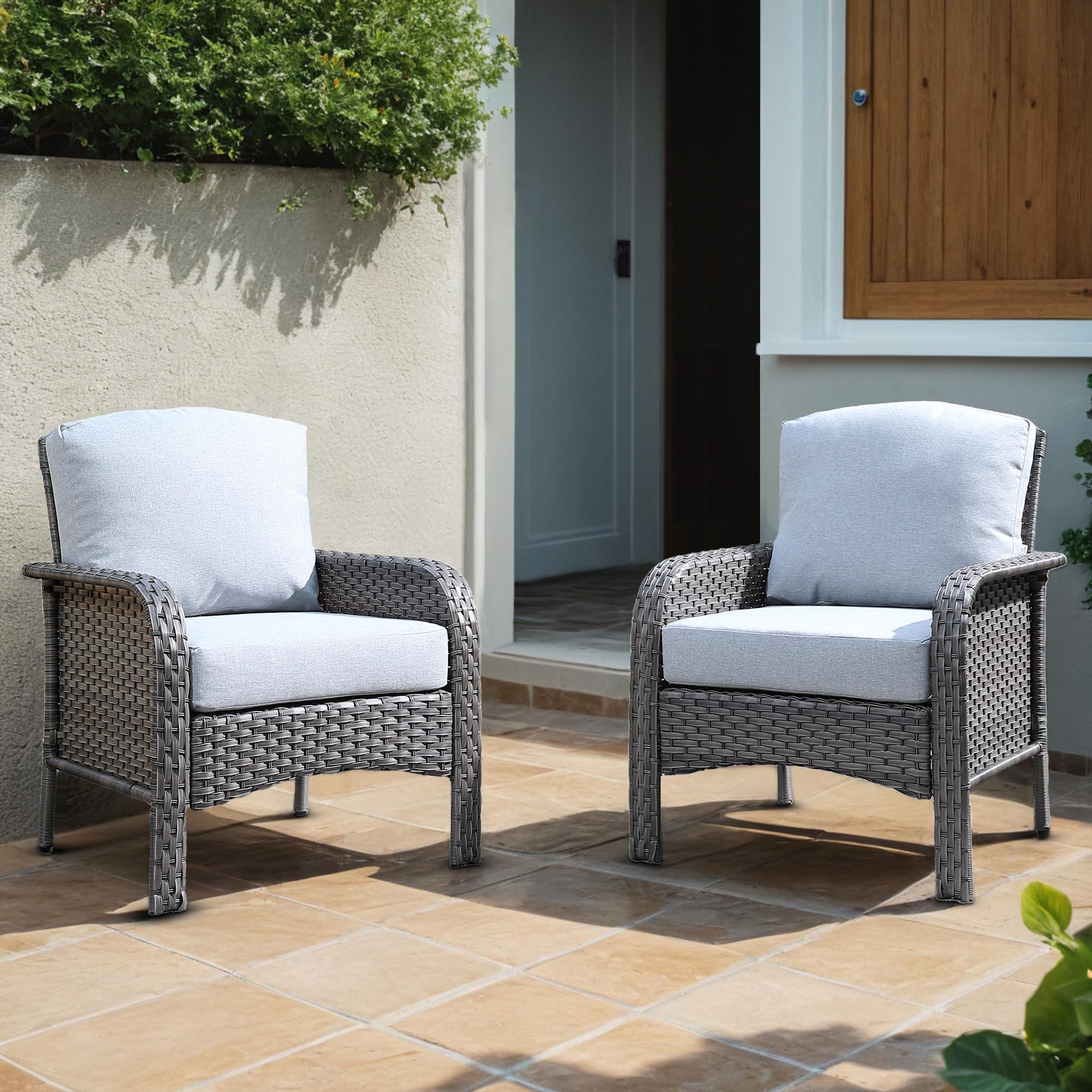 2 Pieces Wicker Patio Chairs - Outdoor Rattan Chairs Set of 2,All-Weather PE Wicker Dining Chair Set with High Back and Deep Seating for Deck Porch,Light Grey