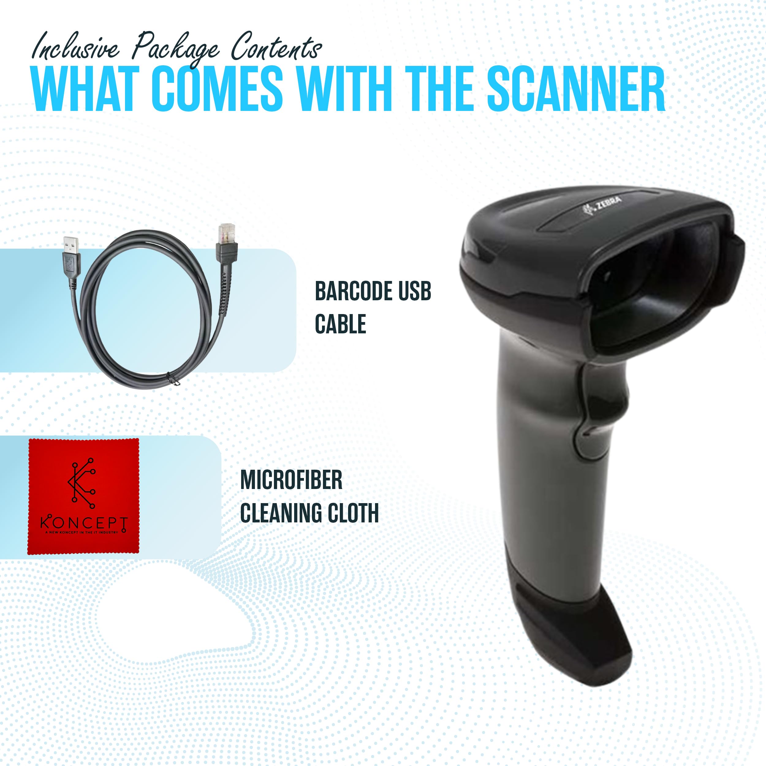 DS4308 Zebra Symbol Barcode Scanner Bundle - Omnidirectional, Corded, Handheld, Standard Range - 1 Year Warranty - with New USB Cable & Microfiber Cleaning Cloth (Renewed)