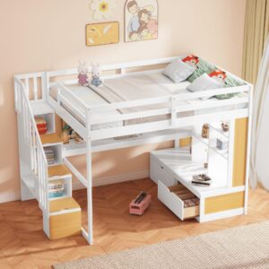 MERITLINE Full Size Loft Bed with Desk and Storage Stairs, Wood Loft Bed Full with Shelves & 2 Storage Drawers,Full Loft Bed with Desk Underneath for Kids Teens Boys Girls,White and Natural