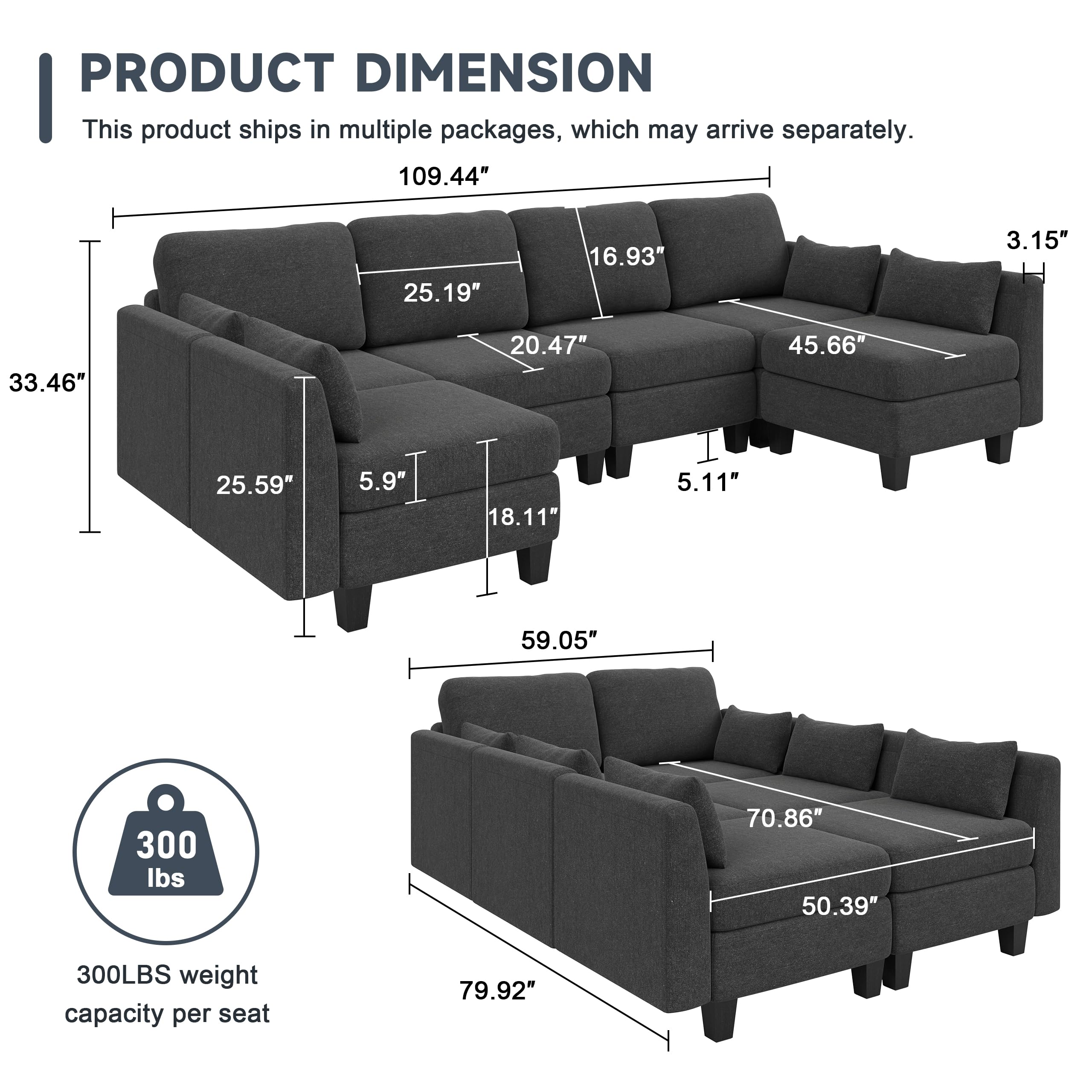 Modular Sectional Sofa, Convertible U Shaped Sofa Couch with High Density Memory Foam, 6 Seat Comfy Modular Sofa Couch for Living Room, Modern U Shaped Sectional Sofa (Darkgray)