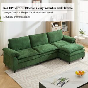 Aoowow Chenille 3 Seater Sofa Couch with Ottoman,Modular Sectional L-Shaped Sofa with Pillowed Arms,Modern Cloud Sofas with for Living Room,Office (Chenille Green, 3 Seater with 1 Ottoman)