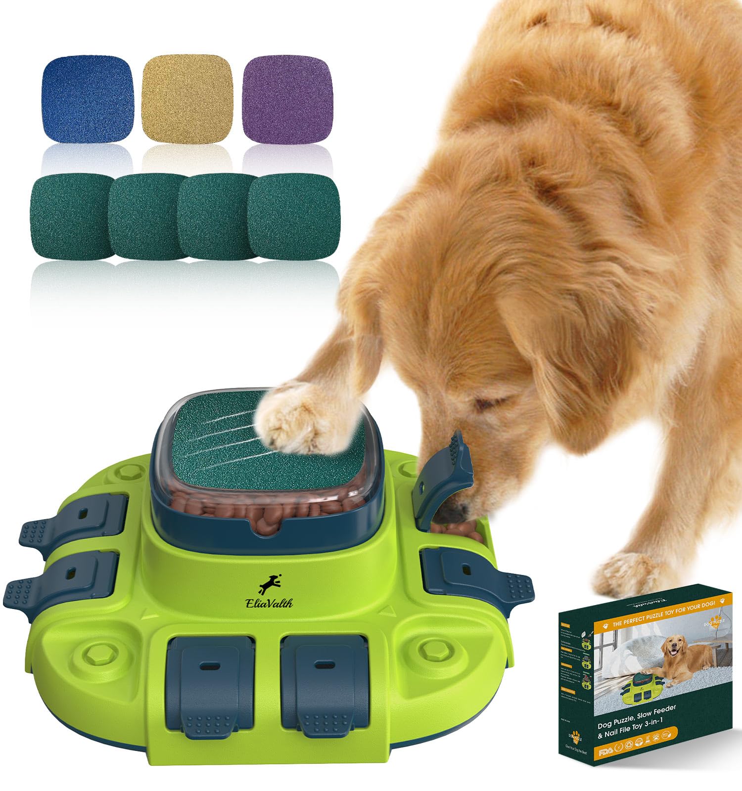 Dog Puzzle, EliaValth 3-in-1 Dog Toy: Puzzle, Slow Feeder Dog Bowls & Dog Nail File Green