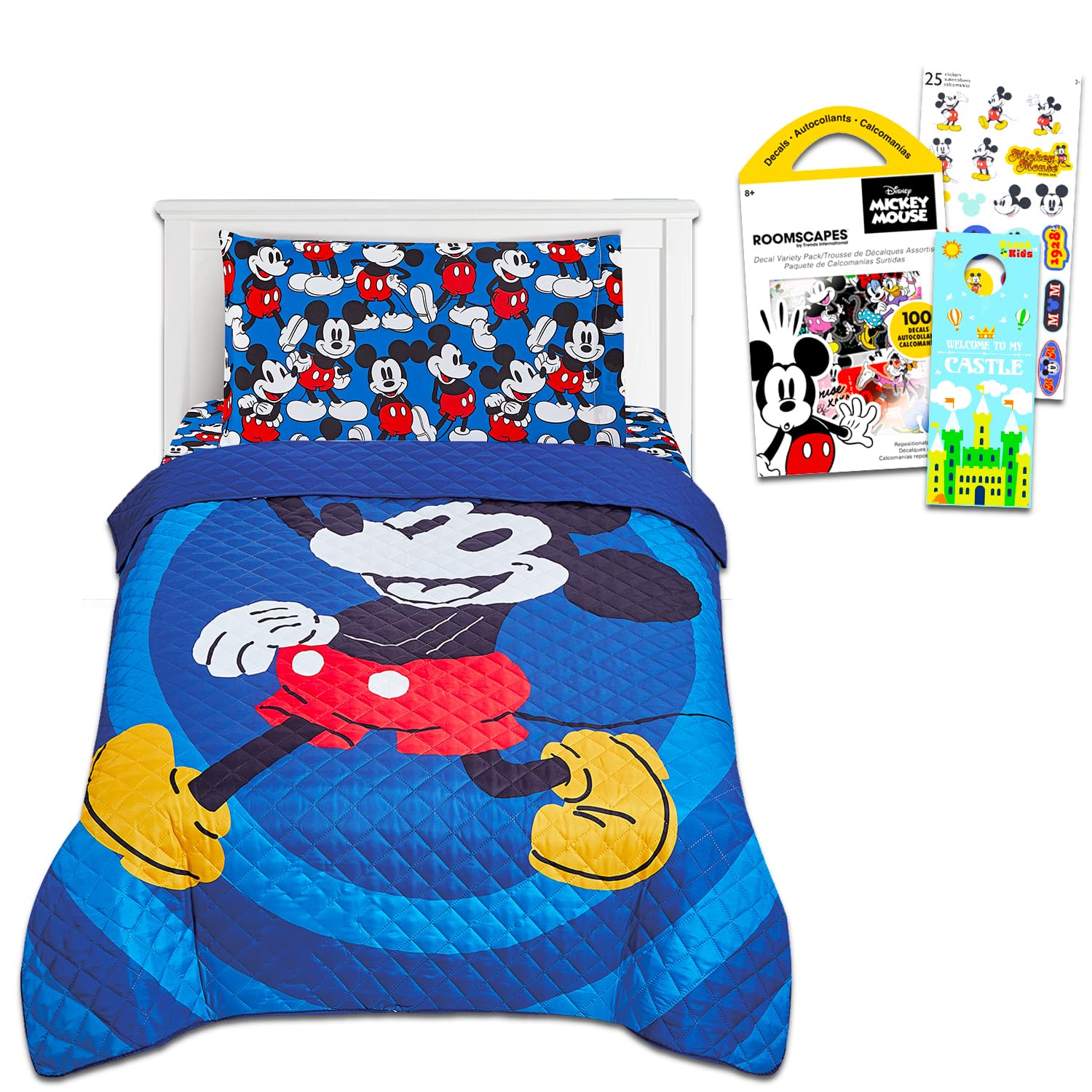 Mickey Mouse Twin Bedding Set for Kids - Bundle with Mickey Bedspread, Flat Sheet, Fitted Sheet, Pillowcase for Twin Bed Plus Decals, Stickers, More | Mickey Mouse Bedroom Decor