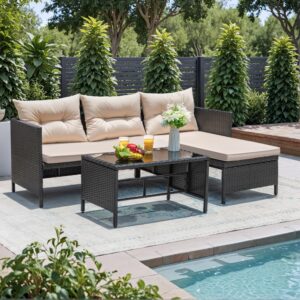 greesum 3 piece patio furniture set outdoor wicker rattan sectional sofa with cushions & coffee table for yard, garden, porch, poolside, light beige