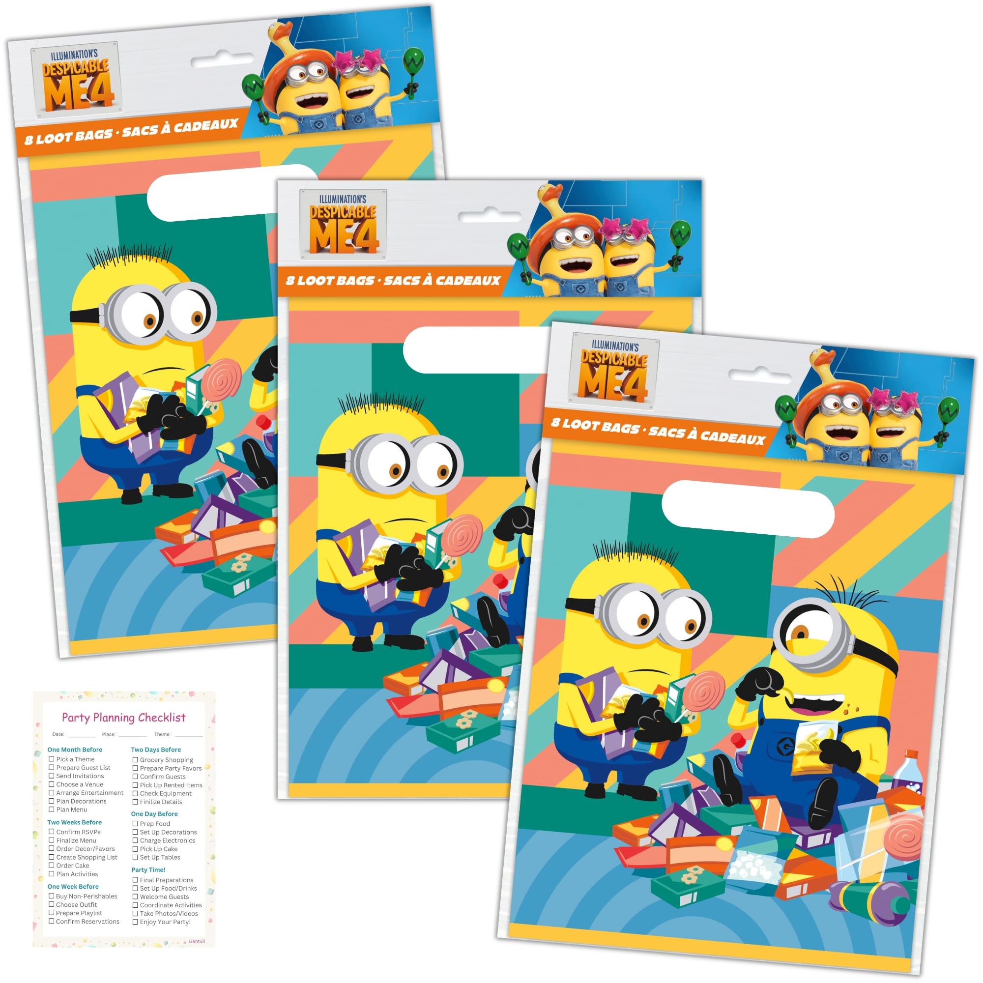 Unique Minions Birthday Party Decorations Set - Bundle with 24 Plastic Minion Party Favor Bags and Checklist - Minion Party Decorations - Despicable Me Minion Goodie Bags