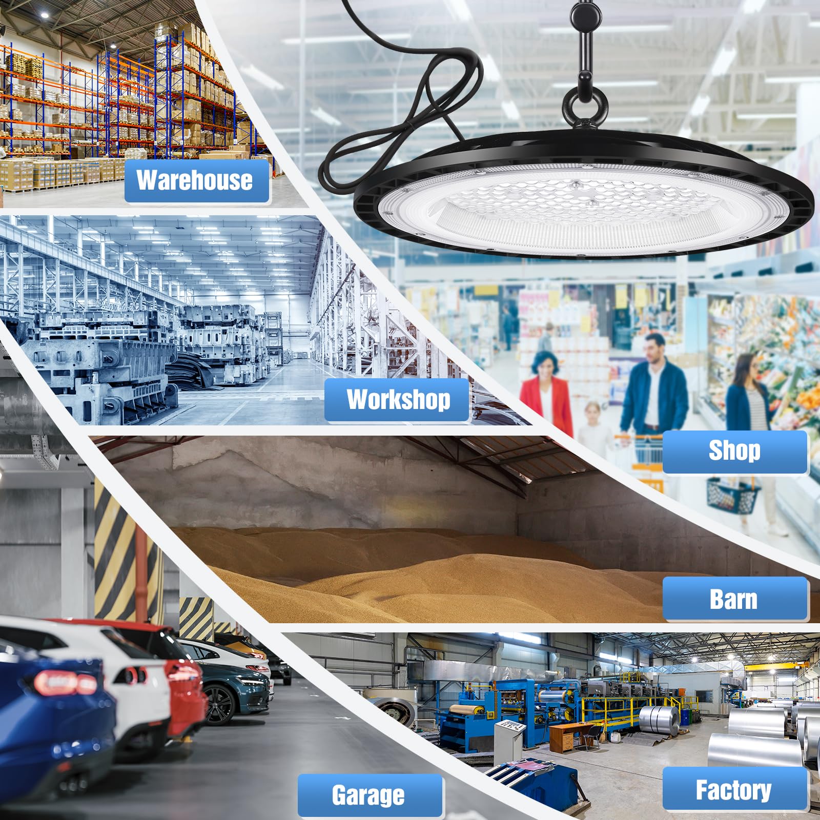 YANYCN 6 Pack 300W UFO Led High Bay Light Fixture,120VAC,5000K Daylight Commercial Shop Bay Lighting,45000LM,[1300W MH/HPS Equiv.] US Plug Area Lighting for Warehouse/Barn/Gym/Factory/Workshop/Garage