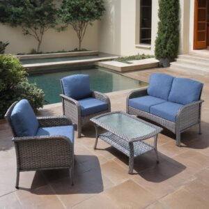 4 pieces wicker patio furniture - all-weather pe wicker outdoor conversation bistro set loveseat chairs with table,outdoor rattan sofa chair high back deep seating,blue