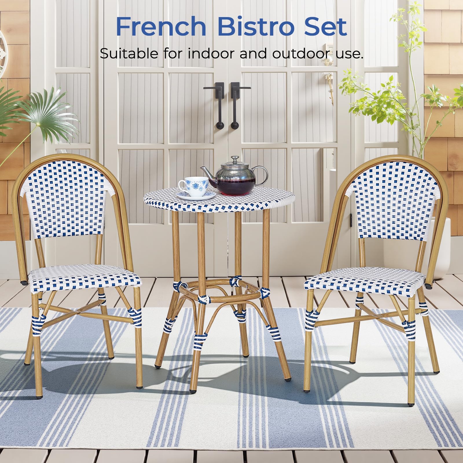 3 Piece Patio Bistro Set , French Wicker Outdoor Bistro Set with Round Table and 2 Dining Chairs , ‎Aluminum Wicker Furniture, All Weather Outdoor Patio Conversation Set for Garden Balcony Cafes Yard