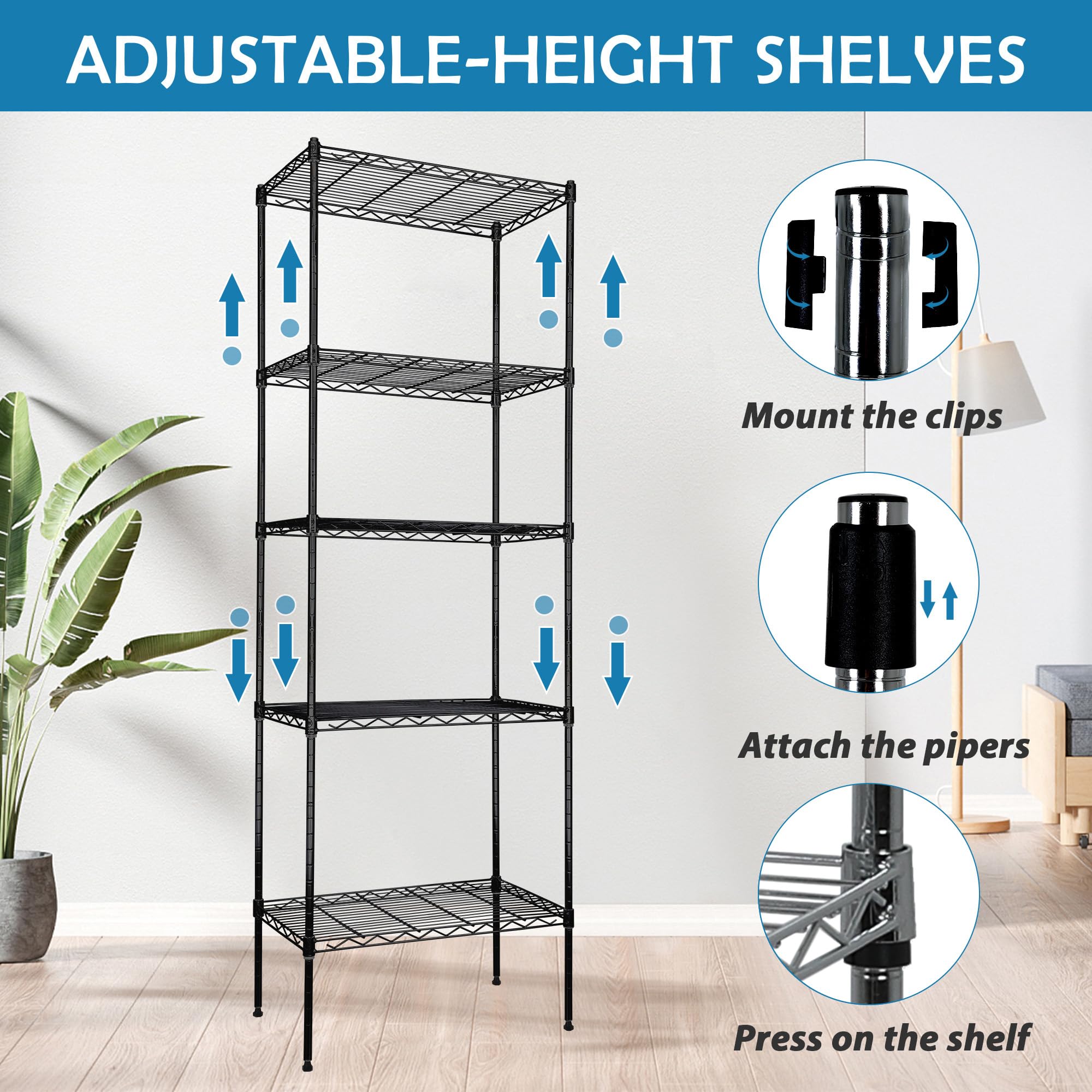 YIQIEDEY 5 Tier Shelf Display Shelf Garage Racks for Storage Garage Shelf with Adjustable Wire Shelving Unit Metal Shelf Garage Shelf for Laundry Bathroom Kitchen Pantry Closet(30" Lx14 Wx61 H,Black)