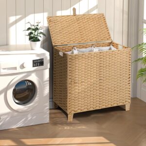 132 l wicker laundry hamper with lid 3 section, extra large handwoven synthetic rattan wicker laundry basket with removable liner bags for bedroom bathroom, dirty clothes hampers sorter foldable