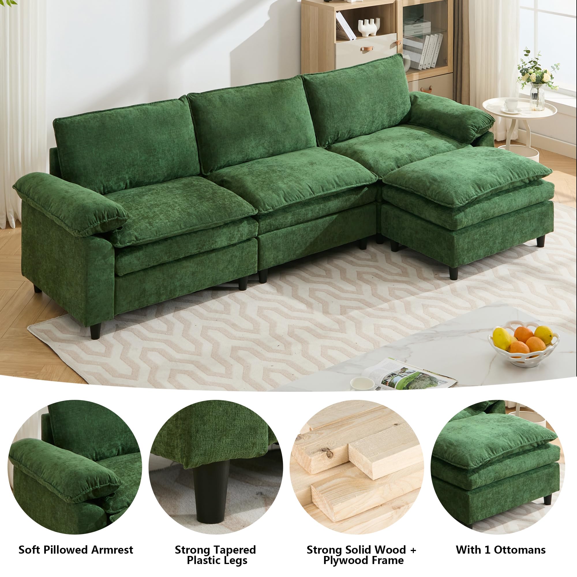 Aoowow Chenille 3 Seater Sofa Couch with Ottoman,Modular Sectional L-Shaped Sofa with Pillowed Arms,Modern Cloud Sofas with for Living Room,Office (Chenille Green, 3 Seater with 1 Ottoman)