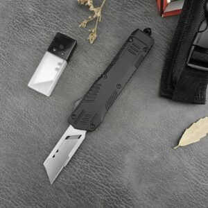 folding utility knife with clip, retractable box cutter, edc knife with heavy duty safety zinc alloy handle and 10 sharp 440c steel replacement blades, everyday use utility knife (striped handle)