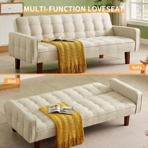 XGWIHLO Linen Fabric Futon Sofa Bed, Small Loveseat, Modern Sofa Couch Adjustable Backrests, Couches for Living Room, Small Space, Bedroom, Apartment (Beige)