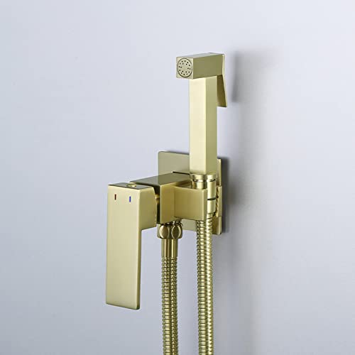 MINJING Concealed Handheld Bidet Sprayer Kit Brushed Gold Hot and Cold Hand Held Sprayer Toilet Attachment with Shower Hose Bathroom Toilet Bidet Mixer Spray Kit,B