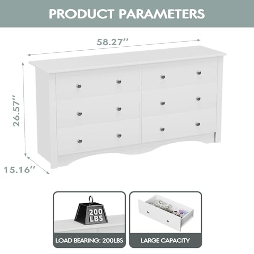 Shahoo Dresser for Bedroom with 6 Drawers Wide Chest Storage Organizer and TV Stand for Living Room, Closet, Hallway, Dormitory,White