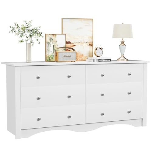 Shahoo Dresser for Bedroom with 6 Drawers Wide Chest Storage Organizer and TV Stand for Living Room, Closet, Hallway, Dormitory,White