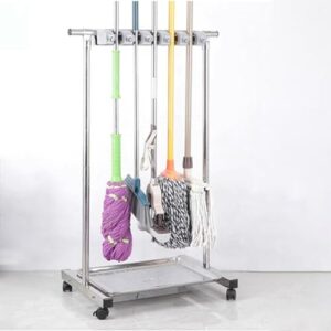 omesda broom holder organizer, movable closet storage cabinet mop rack, floor standing cleaning supplies tool cart for garden garage