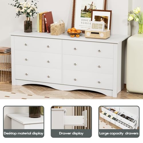 Shahoo Dresser for Bedroom with 6 Drawers Wide Chest Storage Organizer and TV Stand for Living Room, Closet, Hallway, Dormitory,White