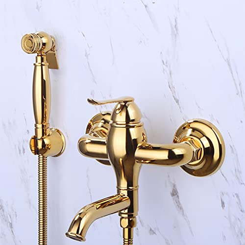 MINJING Bidet Sprayer Kit for Toilet Gold Hand Held Sprayer Toilet Attachment 360 Rotation Double Handle Bidet Attachment Faucet Sprayer Kit for Toilet,B