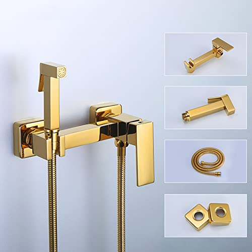 MINJING Bidet Sprayer Kit for Toilet Gold Hot and Cold Wall Mounted Bidet Attachment Faucet Sprayer Kit for Toilet Single Handle Multifunction Bathroom Toilet Bidet Mixer Spray Kit,A