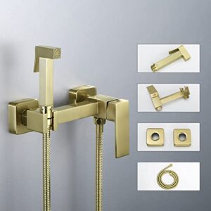 MINJING Wall Mounted Toilet Shower Spray Mixer Set Hot and Cold Hand Held Sprayer Toilet Attachment Brushed Gold Brass Bathroom Toilet Bidet Mixer Spray Kit,B