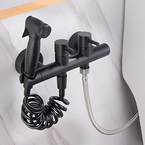 MINJING Bidet Sprayer Kit for Toilet with Spring Hose Bidet Attachment Faucet Sprayer Kit for Toilet Double Handle Hot and Cold Bathroom Toilet Bidet Mixer Spray Kit,Black