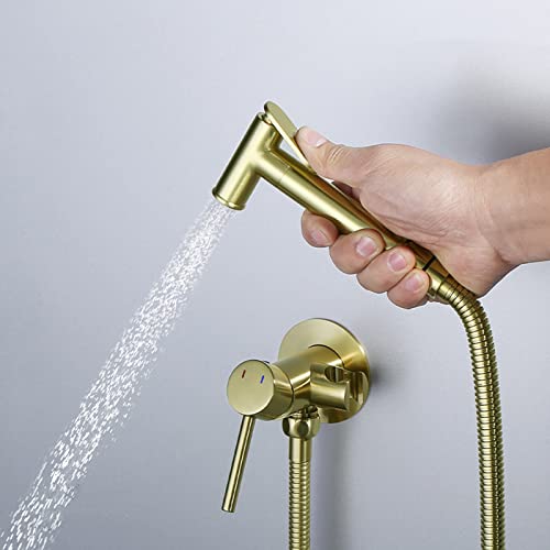 MINJING Concealed Handheld Bidet Sprayer Kit Brushed Gold Hot and Cold Hand Held Sprayer Toilet Attachment with Shower Hose Bathroom Toilet Bidet Mixer Spray Kit,B