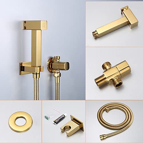 MINJING Handheld Bidet Sprayer Kit Gold Single Handle Bidet Tap Sprayer Wall Mounted Cold Water Sprayer with Button Toilet Bidet Douche Spray, Double Outlet