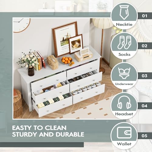 Shahoo Dresser for Bedroom with 6 Drawers Wide Chest Storage Organizer and TV Stand for Living Room, Closet, Hallway, Dormitory,White