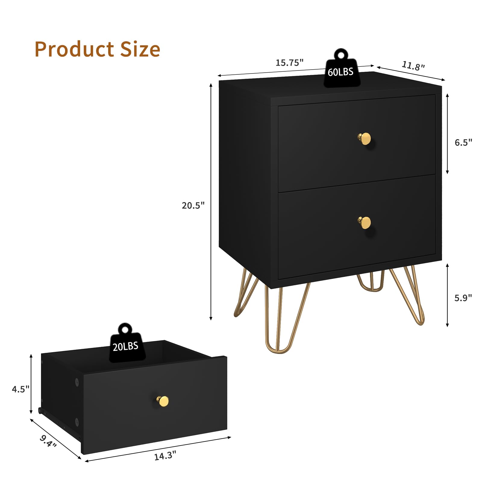 Tradare 6 Drawer Dresser and Night Stand Sets for Bedroom, Two Drawers Nightstand Set of 2 & 6 Drawer Dresser with Gold Handle, Modern Black and Gold Dresser Set