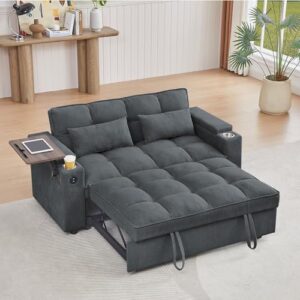 3 in 1 Queen Pull Out Sleeper Sofa Couch Bed ,Oversized Convertible Chenille Futon Loveseat Lounge Recliner with Reclining Backrest ,Storage Armrest ,USB Port,Side Table and Cupholders for Living Room