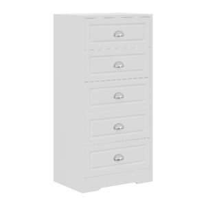 Meilocar Dresser with 5 Drawers, Wood Chest of Drawers, 47in Vertical White Dresser Storage Tower, 5 Drawer Dresser for Living Room, Bedroom, Hallway (White)