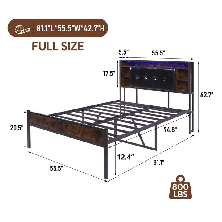 Full Size Bed Frame, Upholstered Metal Platform Bed Frame with Hidden Storage Headboard, & Charging Station, LED Double Bed Frame - No Box Spring Required, Easy Assembly, Quiet Sleep Experience