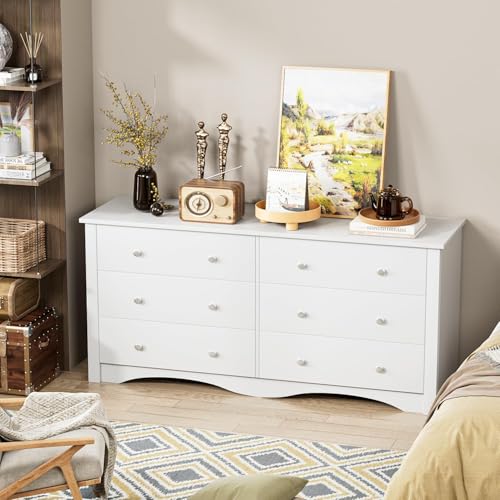 Shahoo Dresser for Bedroom with 6 Drawers Wide Chest Storage Organizer and TV Stand for Living Room, Closet, Hallway, Dormitory,White