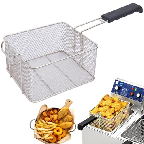 Fryer Basket 8.3x7.5x4.3 In Stainless Steel Fry Basket with Removable Handle & Pot Edge Hooks Kitchen Cooking Rectangle French Fry Basket for Serving Food, Frying Basket For Pot