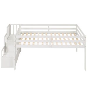 Twin Size Low Loft Bed with Stairs,Kids Loft Bed with Storage Staircase,Twin Bed Frame for Kids with Stairs,Wood Low Loft Bed Twin Size for Boys Girls,White