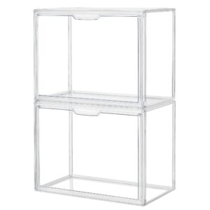 zllzuu clear storage bins with lids, 2 pack acrylic display case with magnetic door for cosmetic collectibles large figures models, stackable acrylic storage box for home office living room dorm