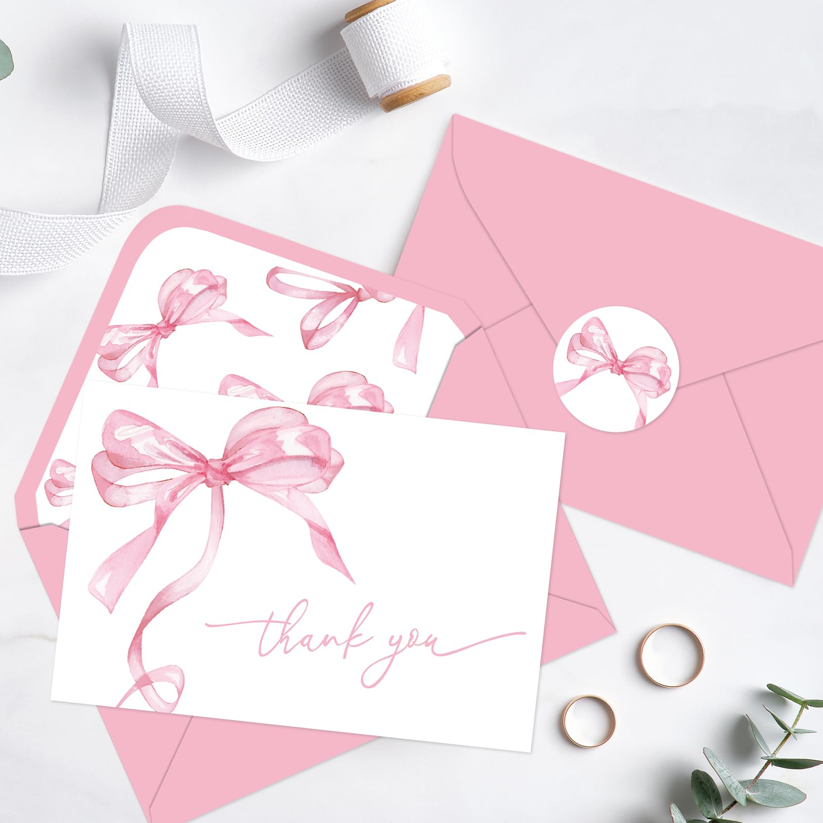 Whaline 24Pcs Pink Bow Thank You Cards with Envelopes and Stickers Watercolor Bow Greeting Cards Pink Blank Note Cards for Party Supplies