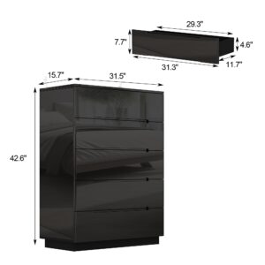 MOUMON High Gloss Dresser with LED Light Chest of Drawers, Glossy 5 Drawer Dresser with Curved Edge, Modern Dresser for Bedroom, Black 31.5”W x 15.7”D x 42.6”H