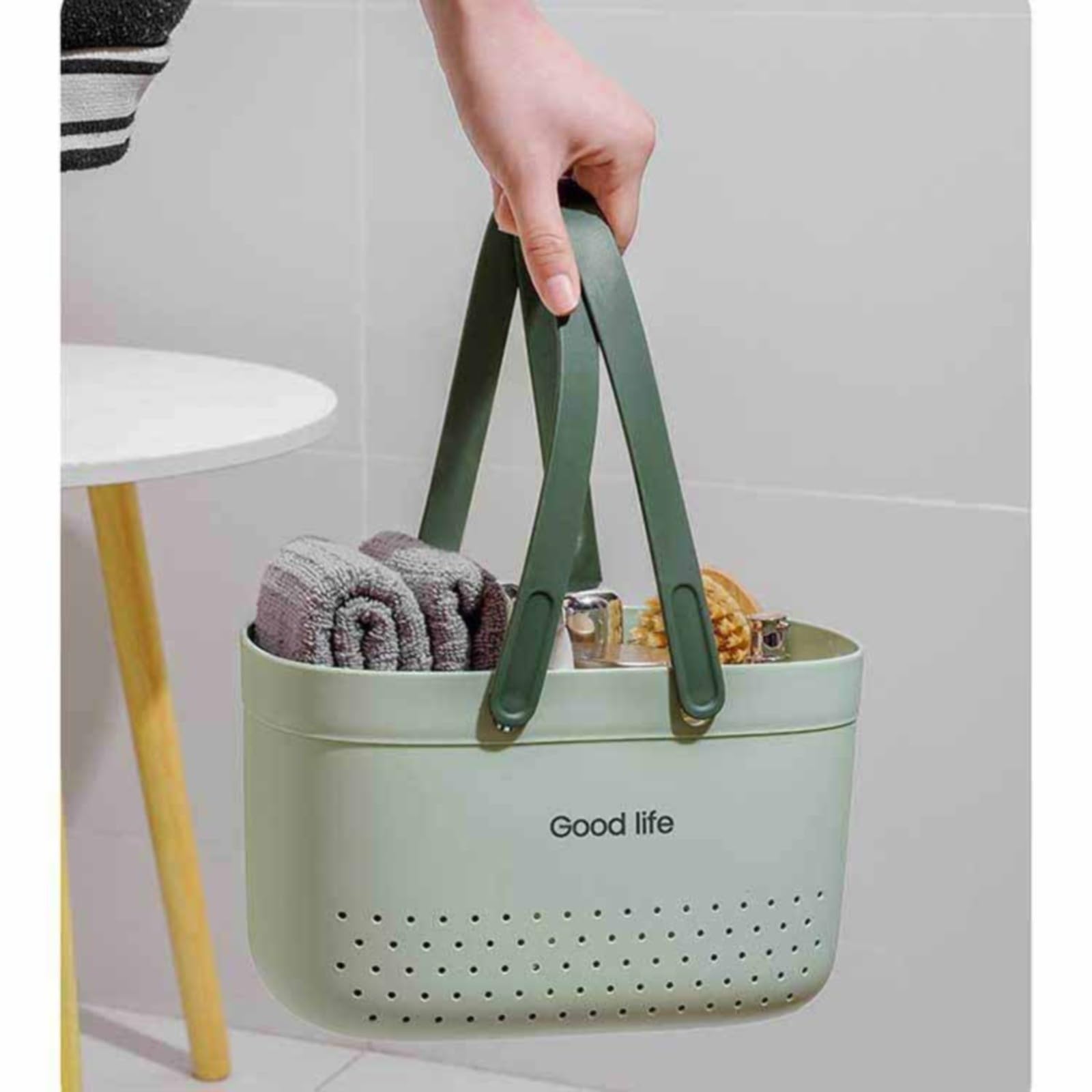 Plastic Storage Basket with Handle Portable Shower Caddy Tote Organizer Basket Bin for Bathroom Kitchen Dorm Room Bedroom, White (Green)