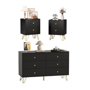 Tradare 6 Drawer Dresser and Night Stand Sets for Bedroom, Two Drawers Nightstand Set of 2 & 6 Drawer Dresser with Gold Handle, Modern Black and Gold Dresser Set