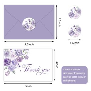 Whaline 24Pcs Lavender Floral Thank You Cards with Envelopes and Stickers Purple Floral Greeting Cards Elegant Flower Blank Note Cards for Party Supplies