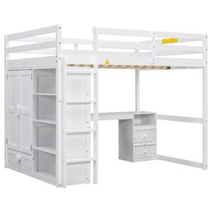 Full Size Loft Bed with Wardrobe and Desk, Wood Loft Bed Frame with Storage Shelves and Drawers for Adults Teens and Kids, White