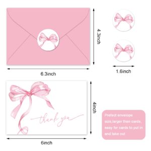 Whaline 24Pcs Pink Bow Thank You Cards with Envelopes and Stickers Watercolor Bow Greeting Cards Pink Blank Note Cards for Party Supplies