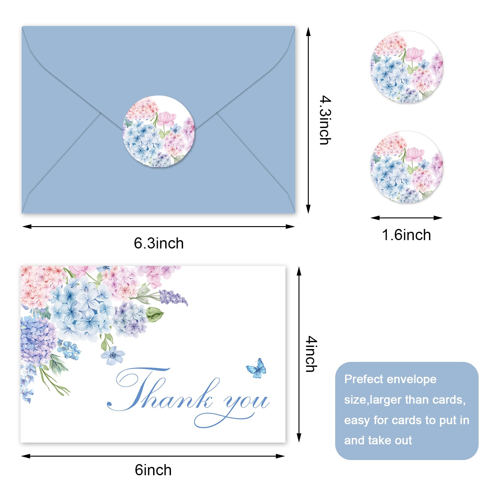 Whaline 24Pcs Blue Hydrangeas Thank You Cards with Envelopes and Stickers Blue Pink Floral Greeting Cards Flower Blank Note Cards for Party Supplies