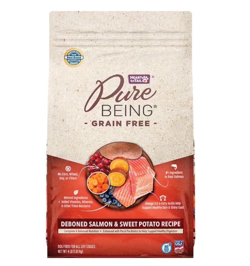 Grain Free Natural Dog Food (4lbs.) Salmon and Sweet Potato Recipe - Dry dog food is free of corn, wheat, soy, and added fillers - Packed with the vitamins, minerals, and nutrients that your dog needs