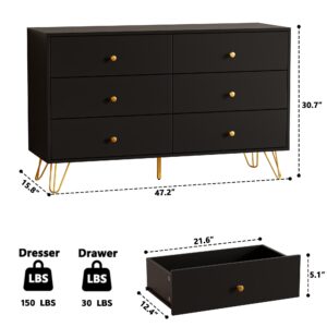 Tradare 6 Drawer Dresser and Night Stand Sets for Bedroom, Two Drawers Nightstand Set of 2 & 6 Drawer Dresser with Gold Handle, Modern Black and Gold Dresser Set