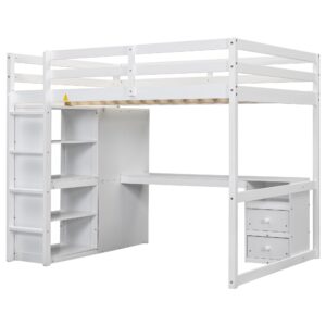 Full Size Loft Bed with Wardrobe and Desk, Wood Loft Bed Frame with Storage Shelves and Drawers for Adults Teens and Kids, White